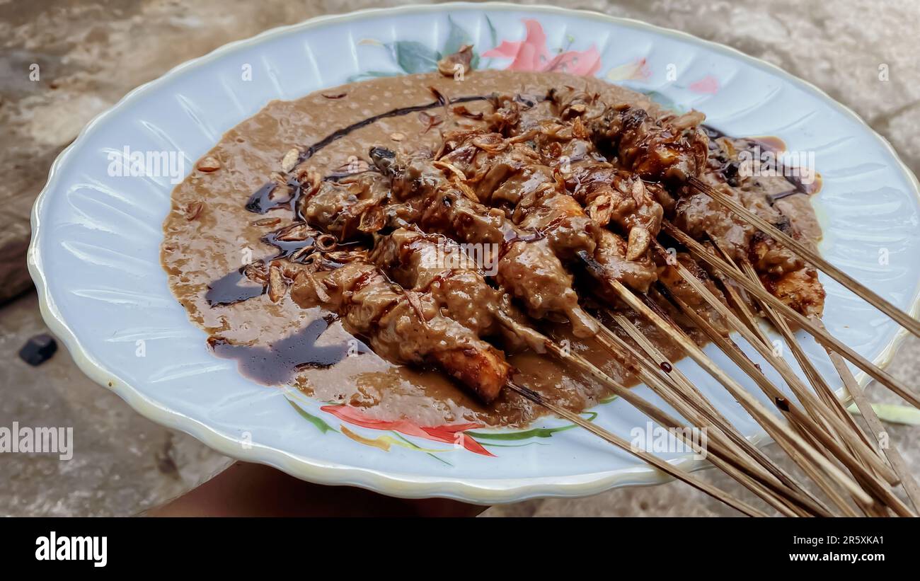 Grilled chicken satay with peanut sauce and crispy fried onion toppings ...