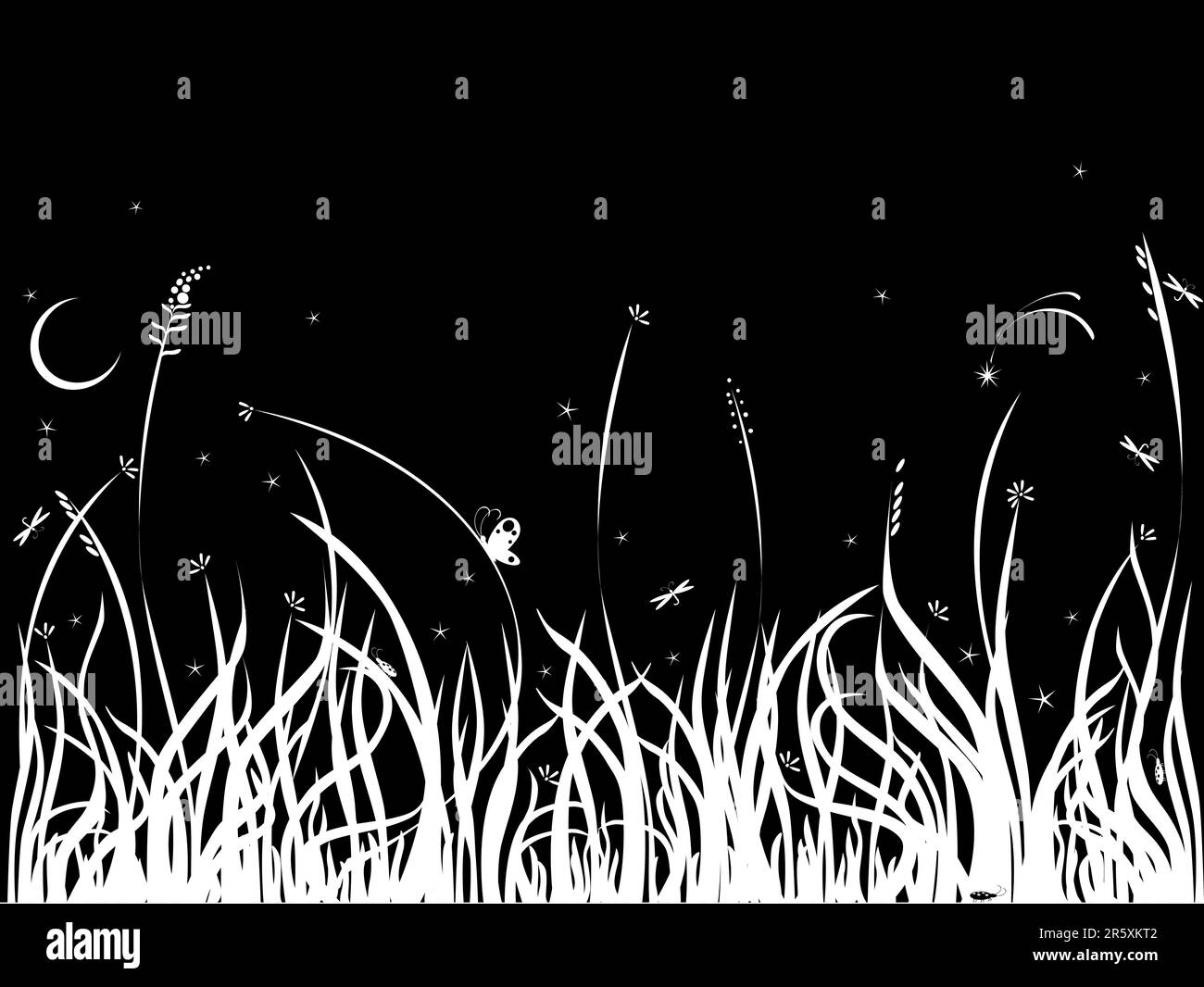 black-and-white background with grass and bugs, design element Stock ...