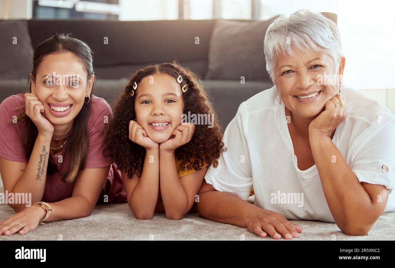 Happy, generations and portrait with family on floor of living room for ...