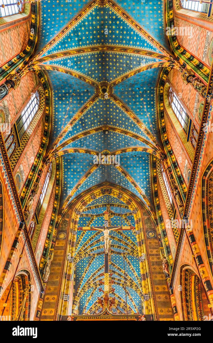 Altar Crucifix Ceiling St Mary's Basilica Church Krakow Poland. Buit ...