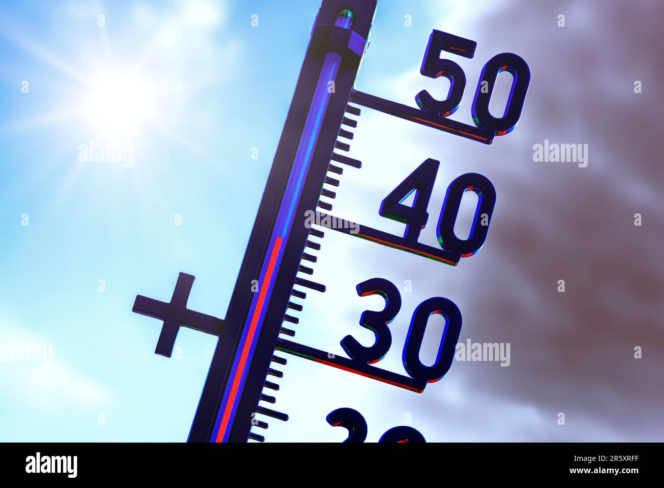 Symbolic image, global warming, thermometer in front of sun and dark ...