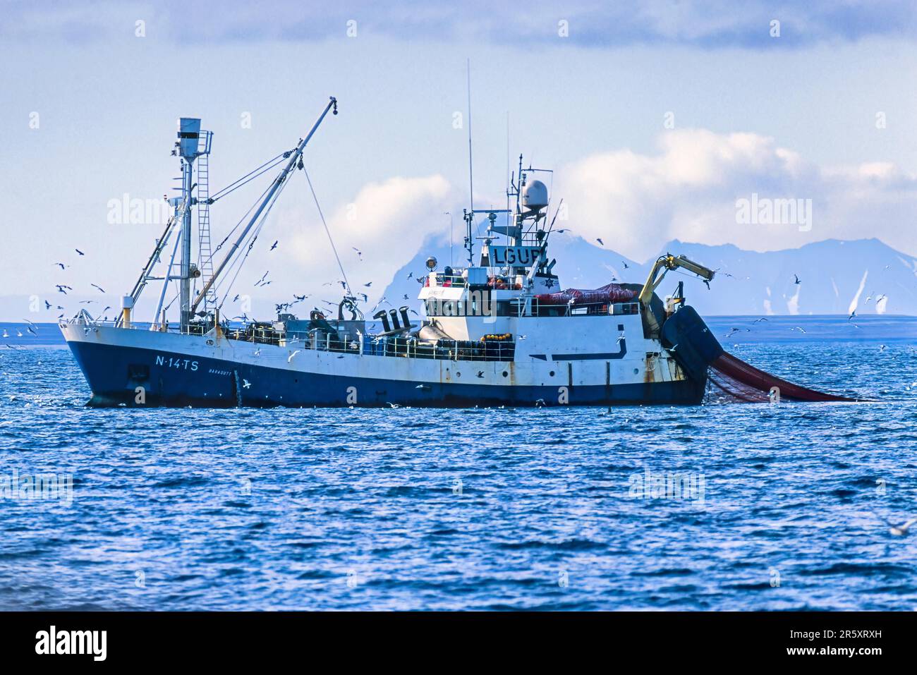 Russian Shrimp trawlers fishing in arctic waters outside a rocky coast ...