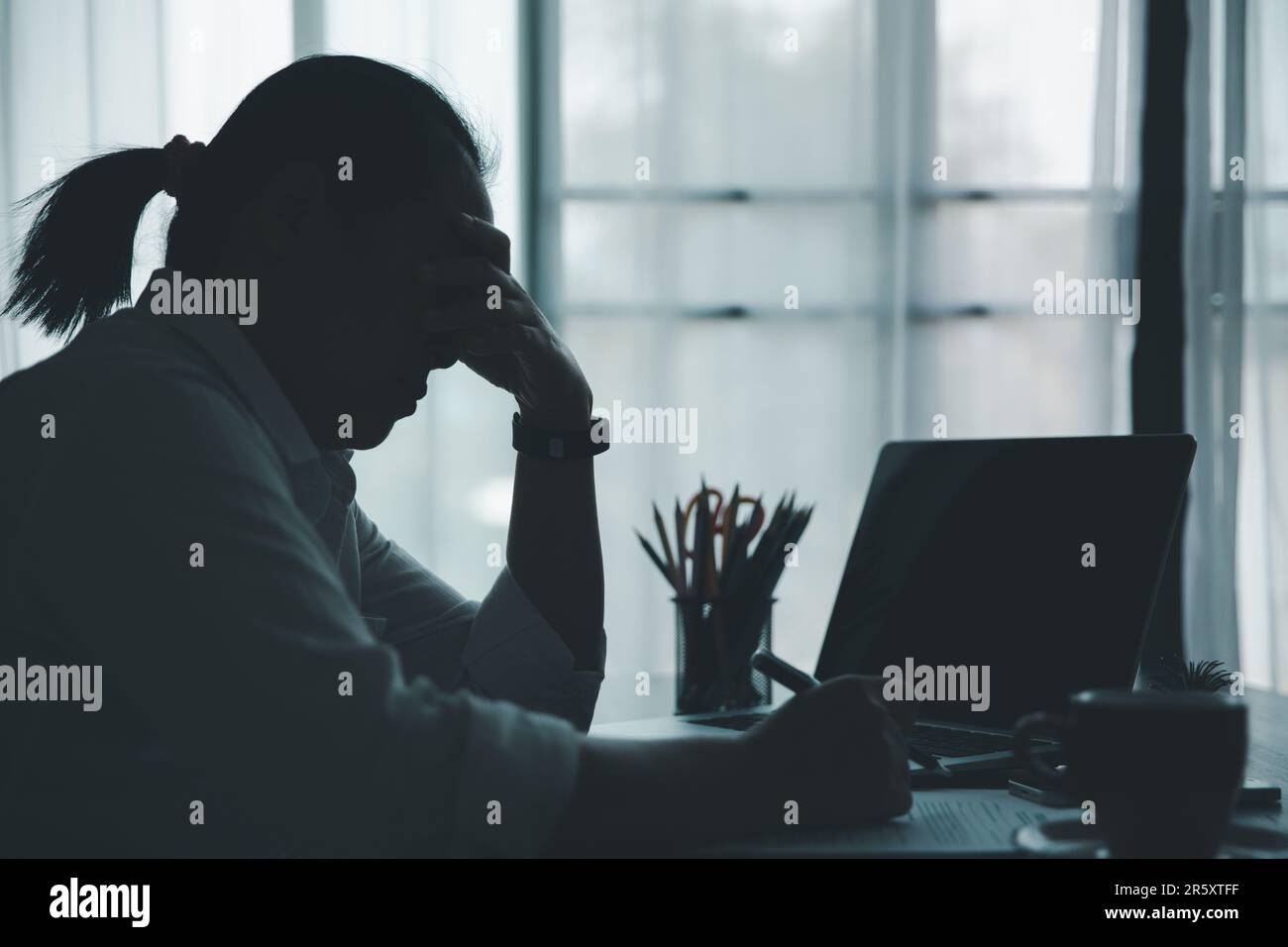 Stress business woman person from hard work, depression in office ...