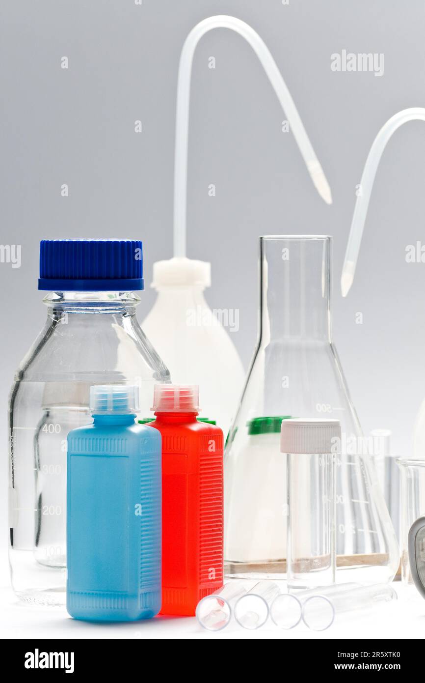 Various chemical and laboratory objects on a white background Stock ...