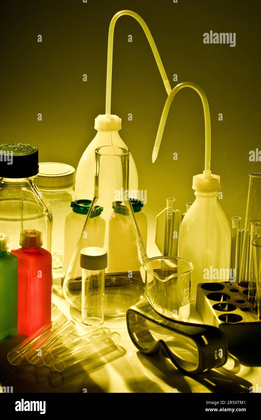 Various chemical and laboratory objects on a white background Stock ...