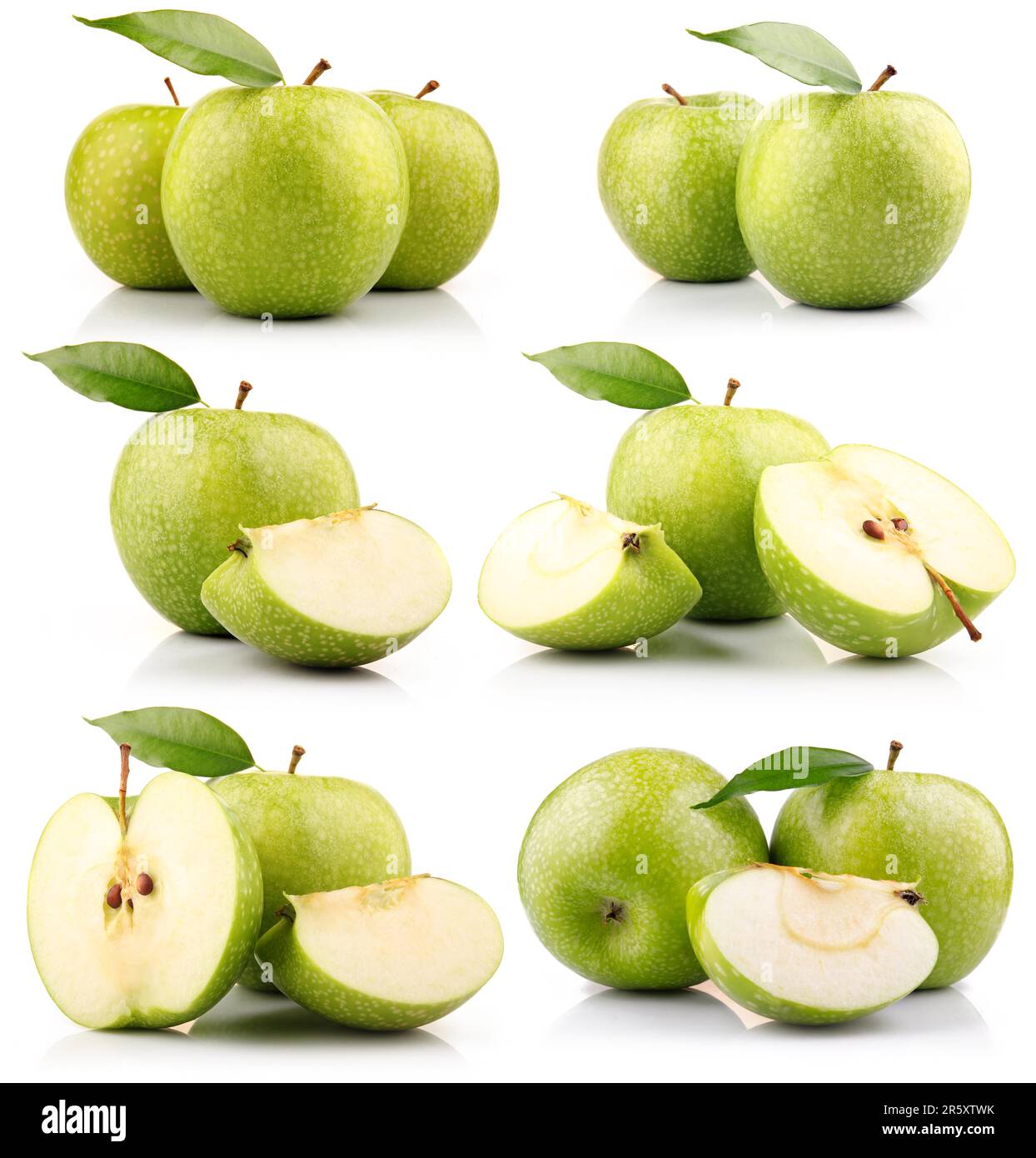 Set of green apple fruits with leaf isolated on white background Stock ...