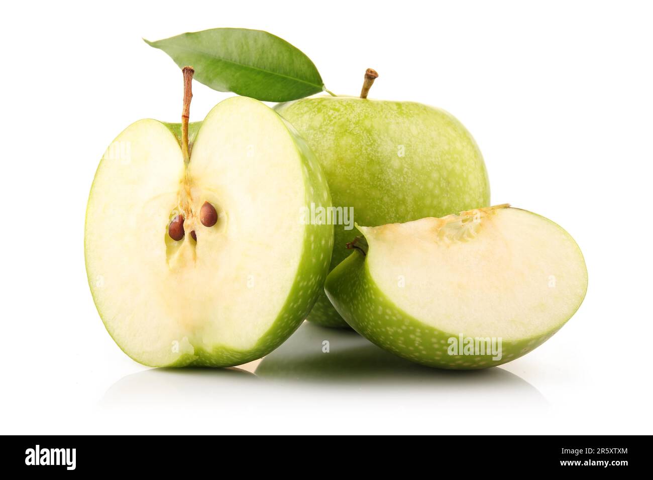 Ripe green apple fruit with leaf and slices isolated on white ...