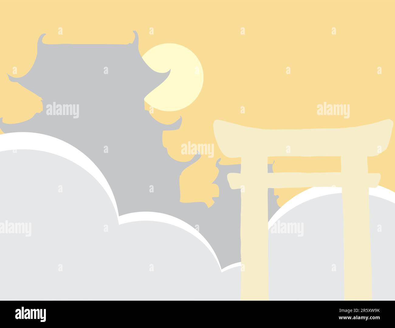Silhouettes of japanese tori gate and castle with clouds and sun Stock ...