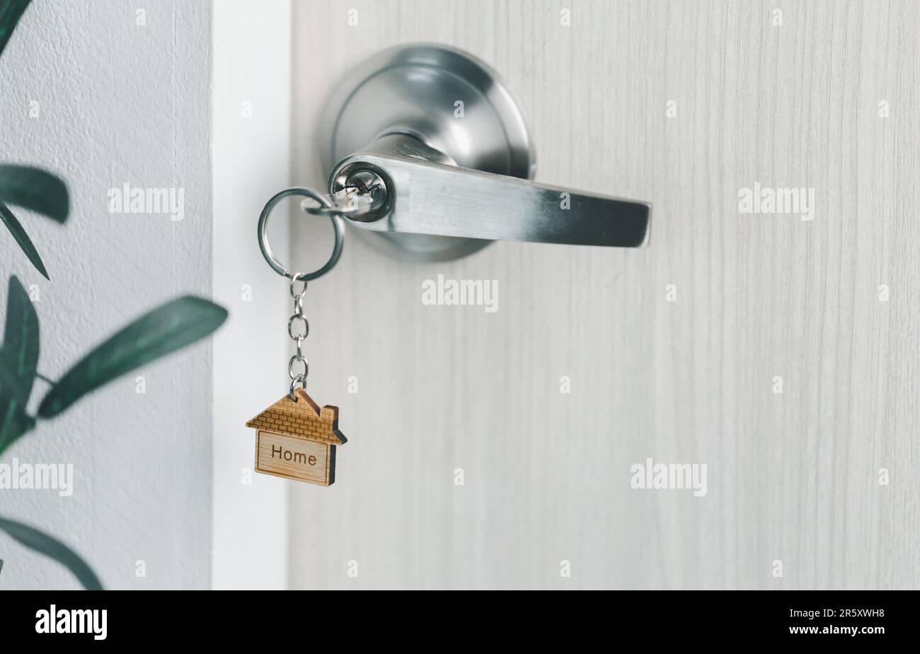close up key on the door with morning light, personal loan concept ...
