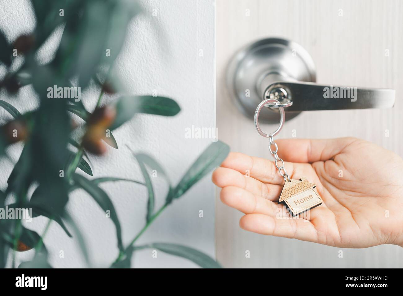 close up key on the door with morning light, personal loan concept ...