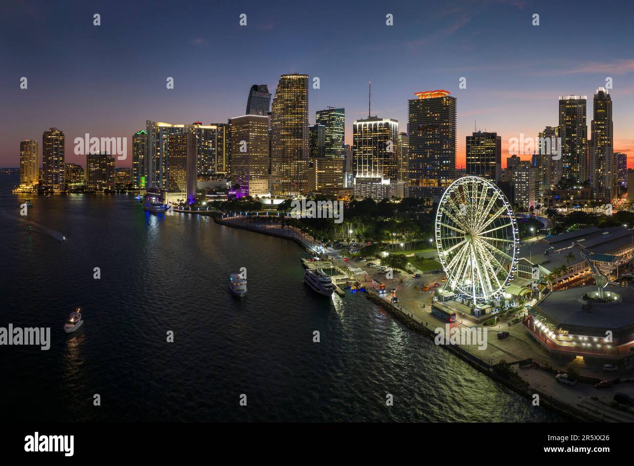 American urban landscape at night. Skyviews Miami Observation Wheel at ...