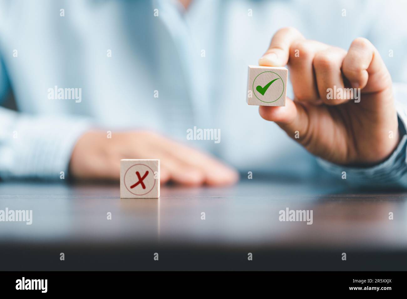 concept of right or wrong mark on wooden cubic blocks. Business and ...