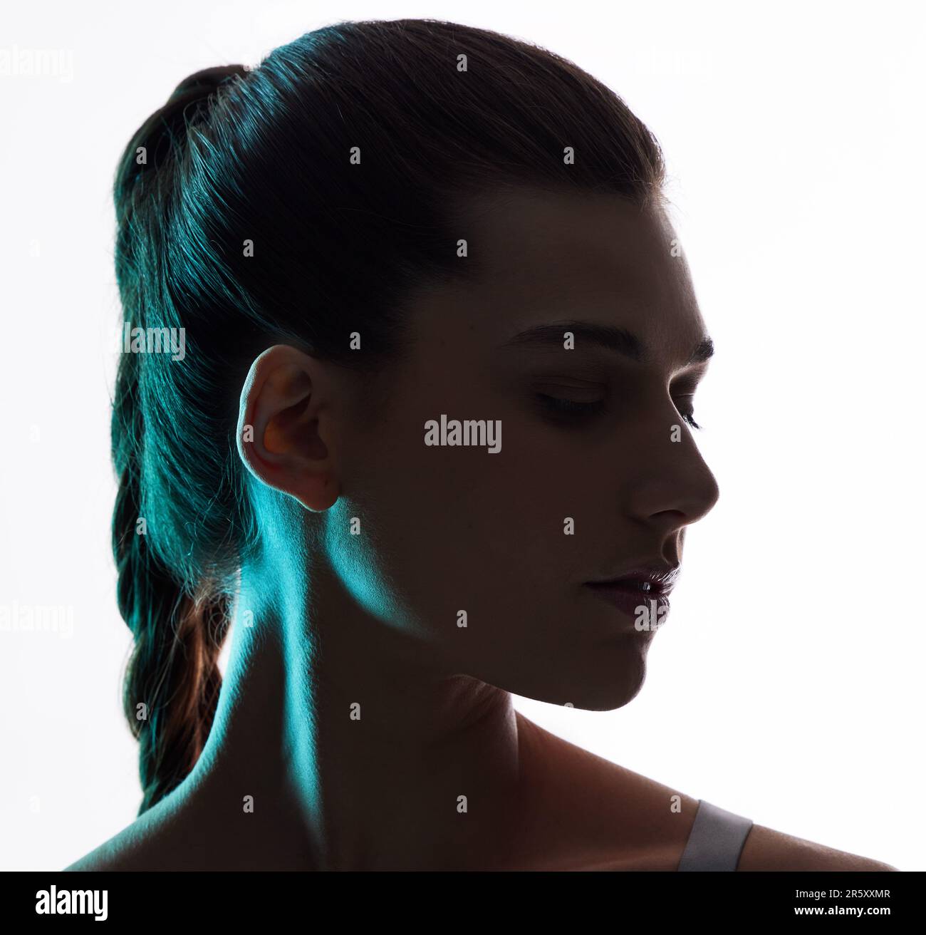 Beauty, neon and silhouette with profile of woman in studio for creative, glow and lighting ...