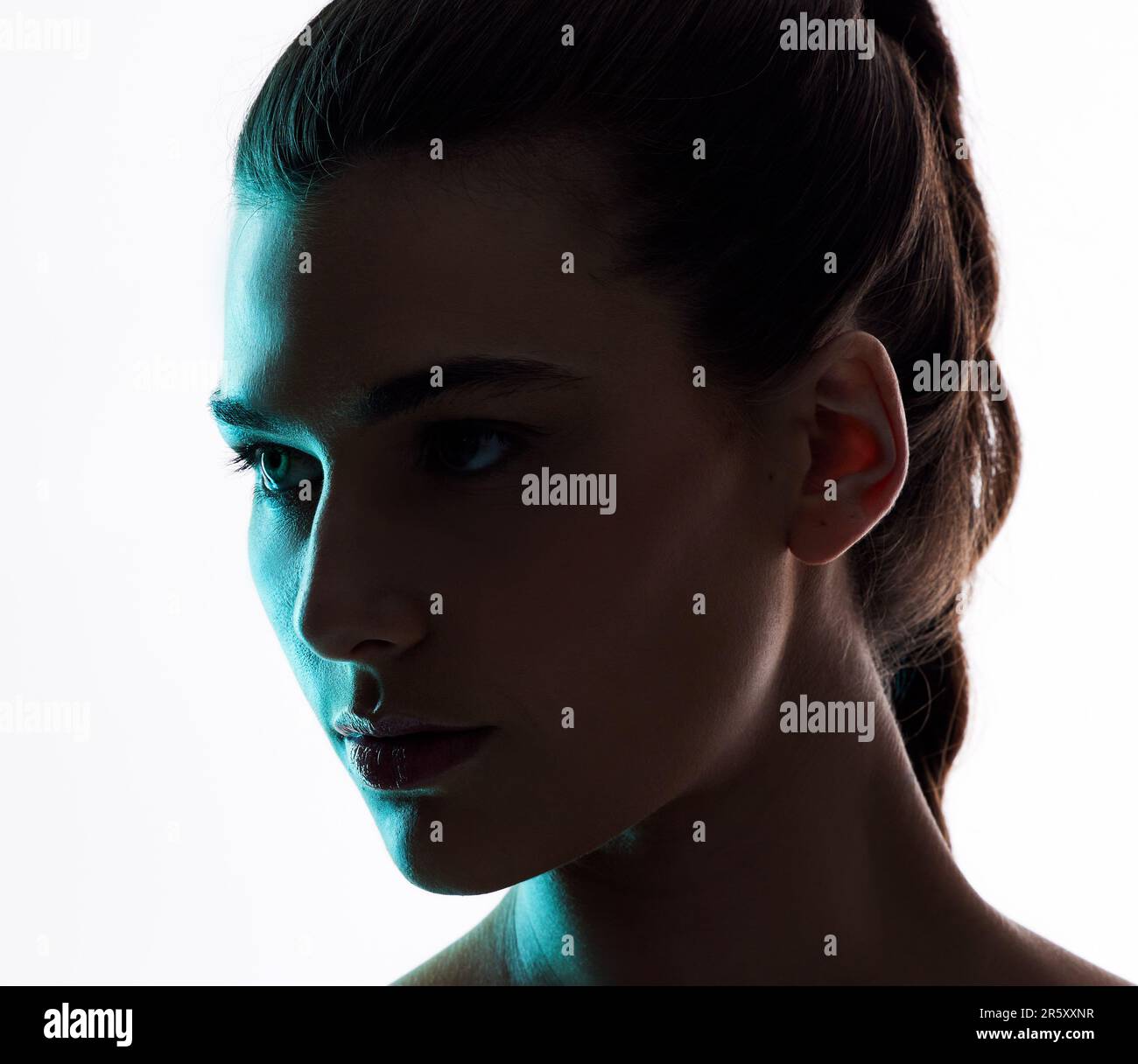 Beauty, neon and light with face of woman in studio for creative, glow and lighting mockup space ...