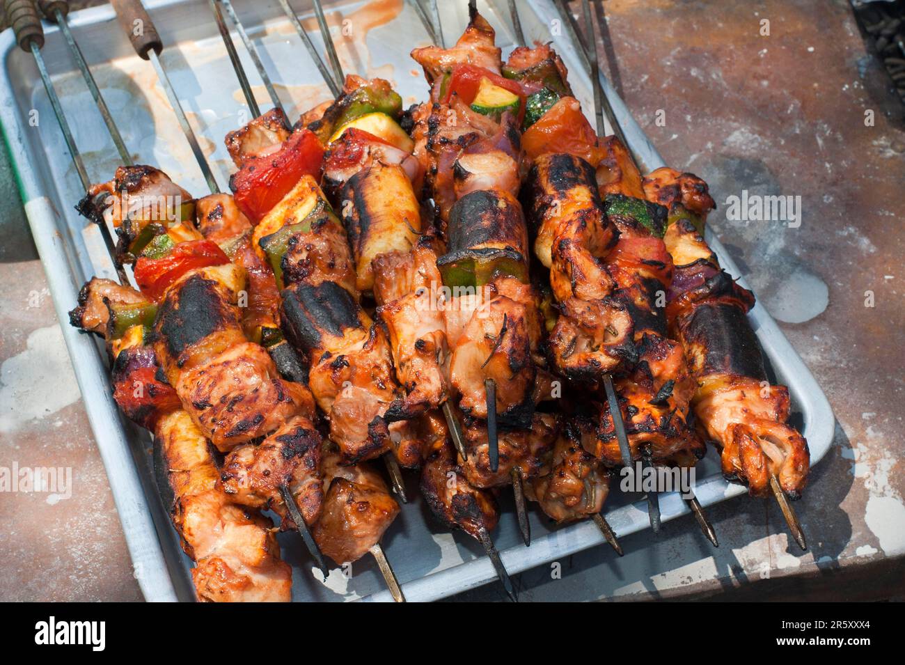 Meat skewers, grilled, tent camp, Serengeti National Park, Tanzania ...
