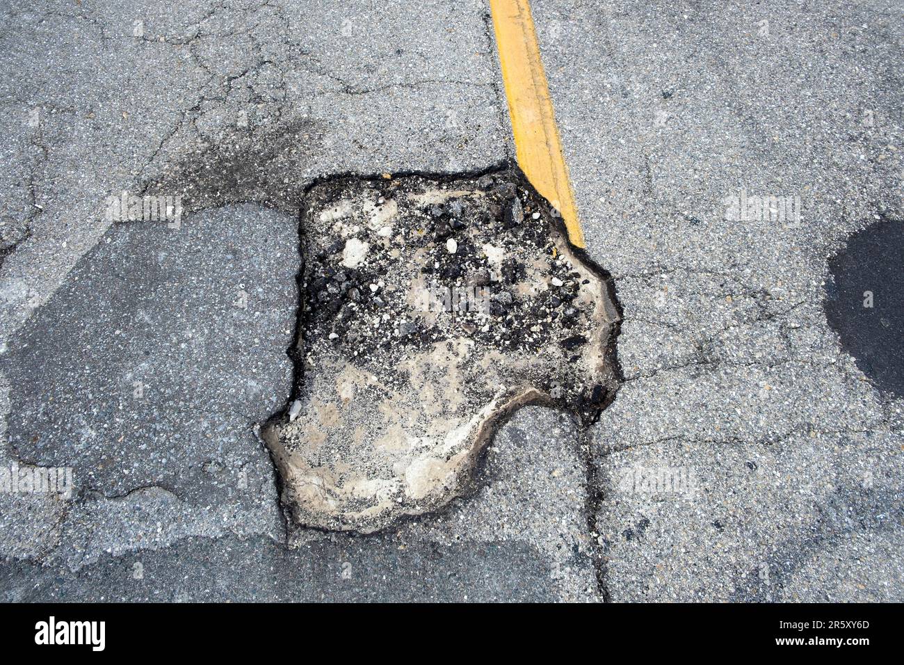 Dangerous pothole on american road surface. Ruined driveway in urgent ...