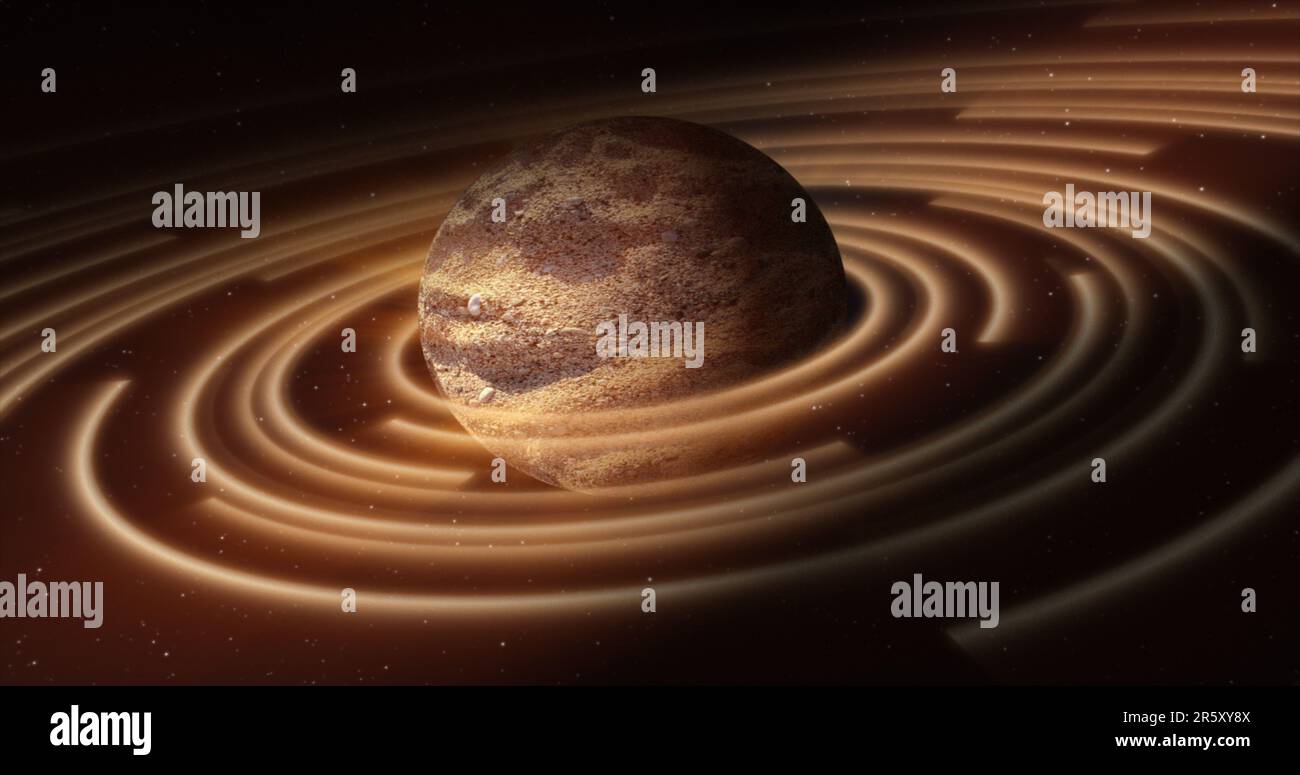 Abstract yellow brown space planet with a round asteroid belt ring ...