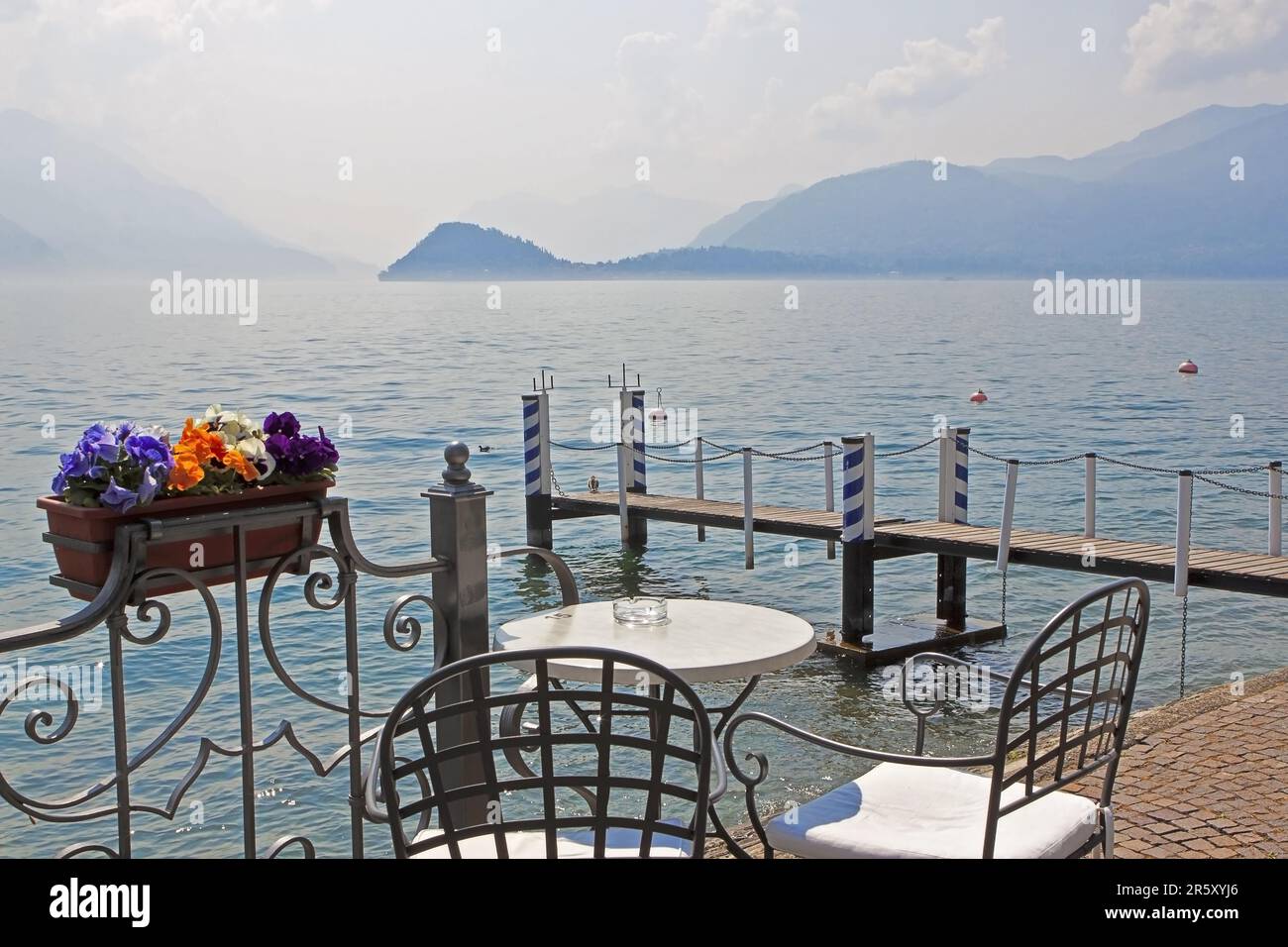 Cafe on the lake shore, Lake Como, Menaggio, Province of Como, Lombardy ...