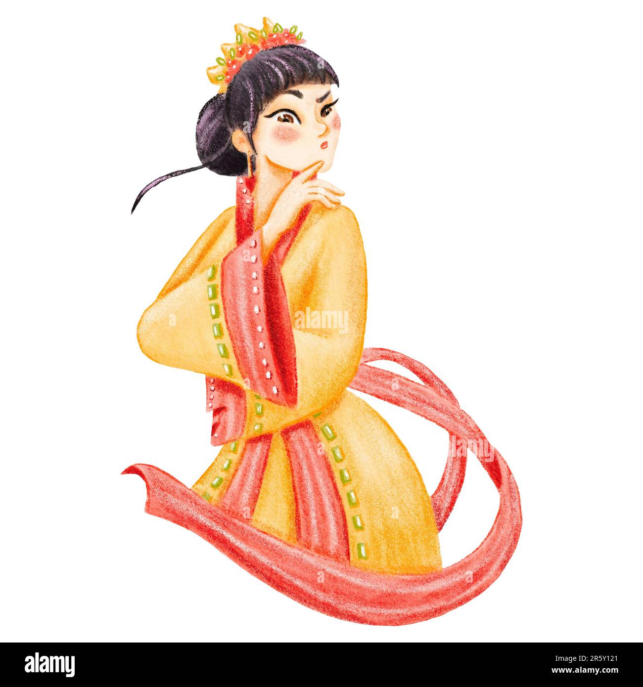 Beautiful Chinese princess in a national costume looks appraisingly ...