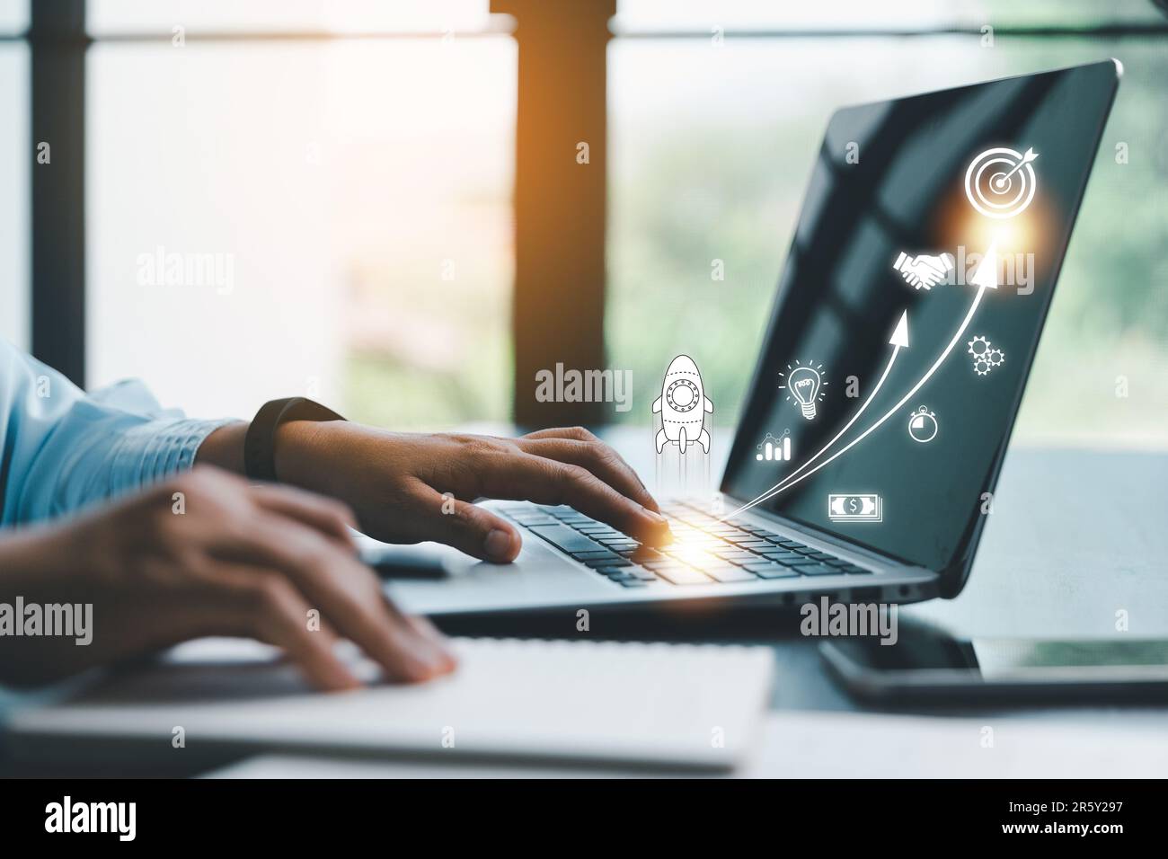 Startup concept with icon business and network connection on modern ...