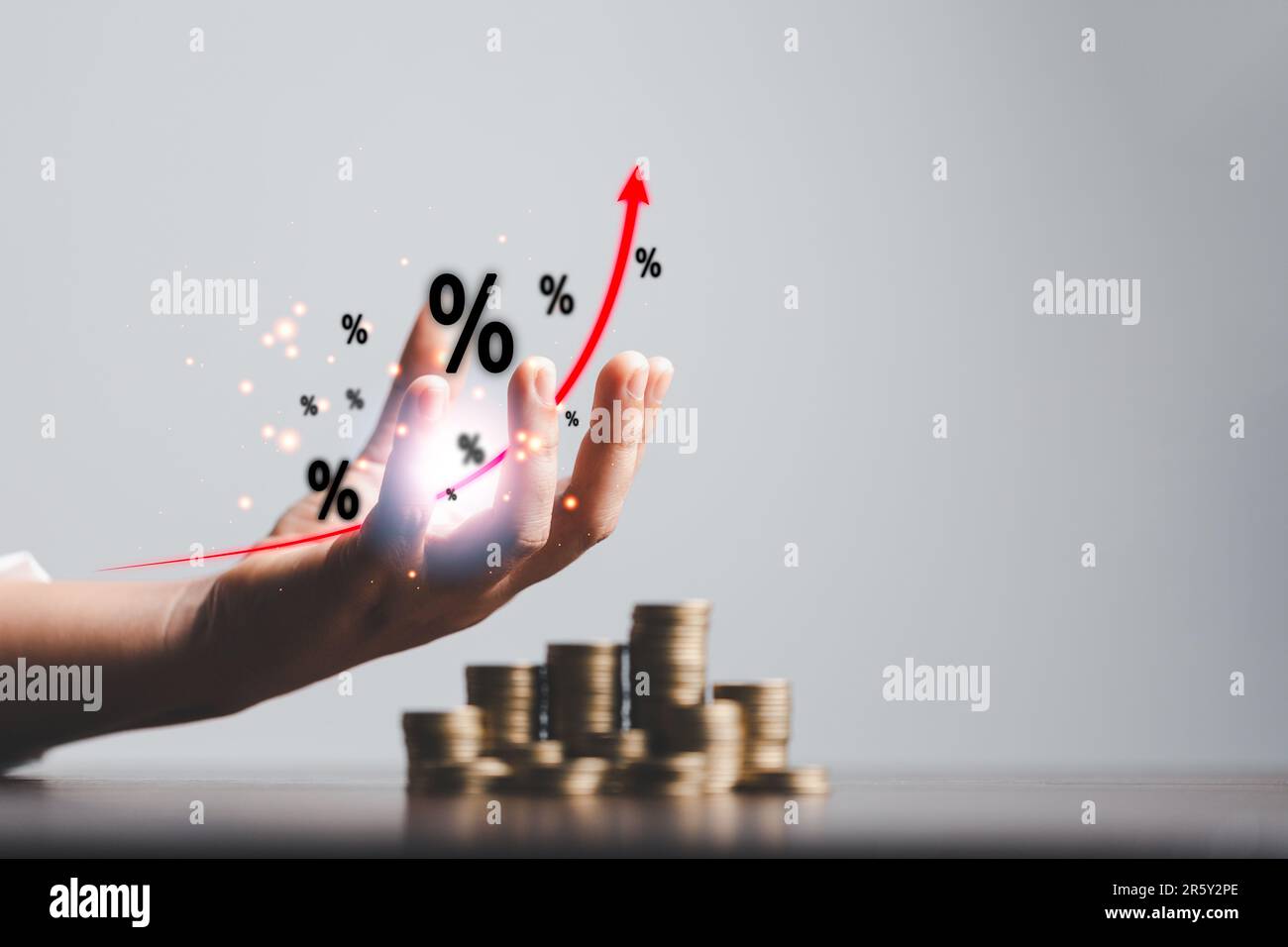 Business woman hand and stack coins money with up arrow and percentage ...