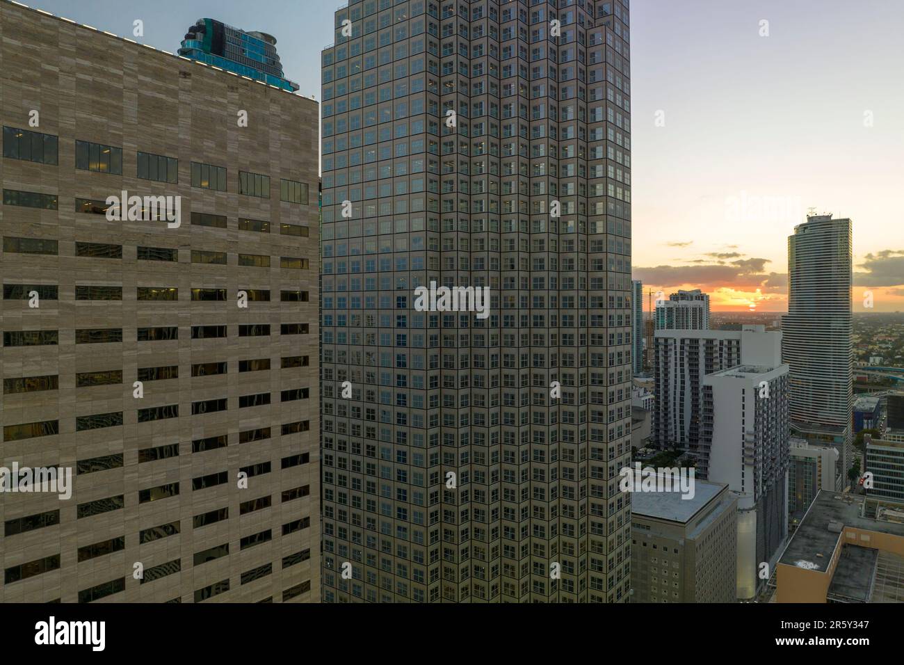 View from above of concrete and glass skyscraper buildings in downtown ...