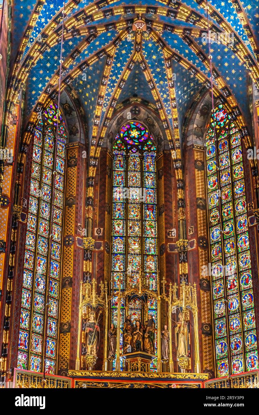 Altar Ceiling Triptych St Mary's Basilica Church Krakow Poland. Buit first in 1300s and the ...