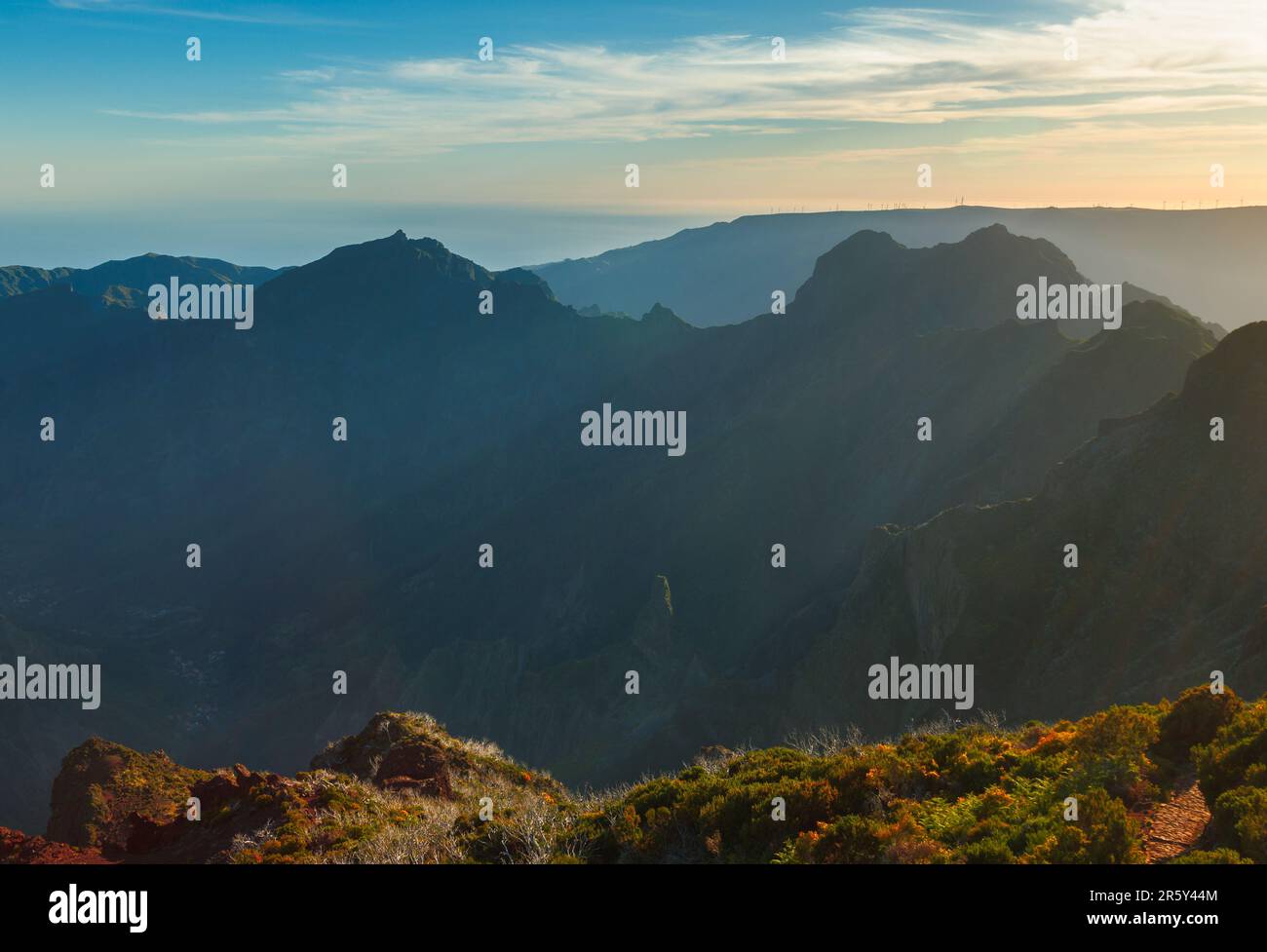 Pico Areeiro mountain peak at Madeira island. Evening view from Ruivo ...