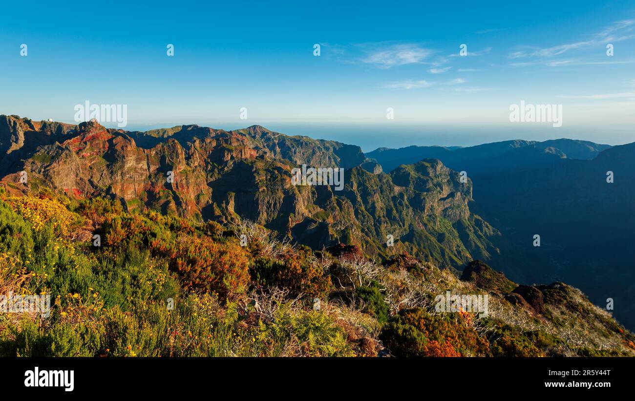 Pico Areeiro mountain peak at Madeira island. Evening view from Ruivo ...
