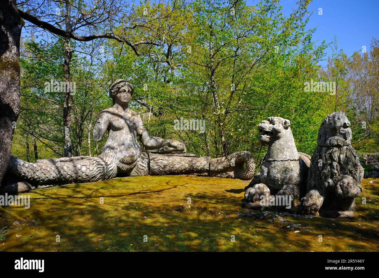 Sculpture Siren and Two Lions, Sacro Bosco Park, Bomarzo, Lazio, Parco ...