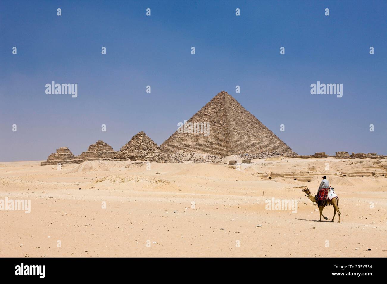 Mykerinos Pyramid, Giza Plateau, Giza, near Cairo, three small queen ...