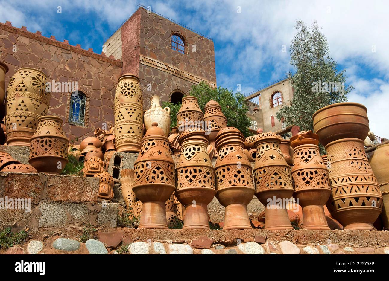 Morocco, clay jugs in front of a hotel, pottery, potteries Stock Photo ...