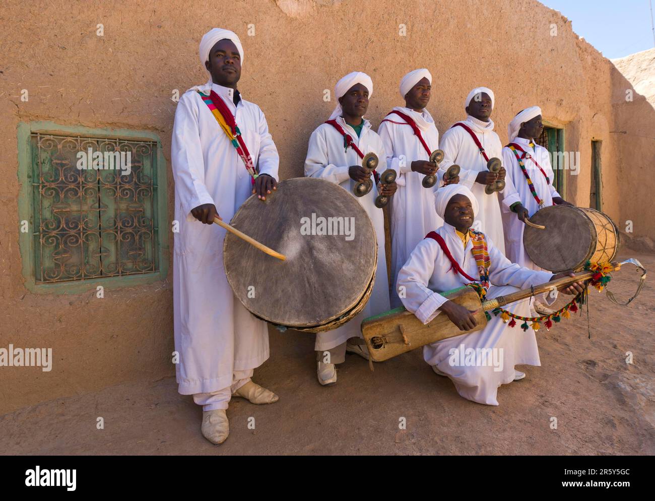 Morocco, traditional musicians with instruments, Pigeons du Sable group ...