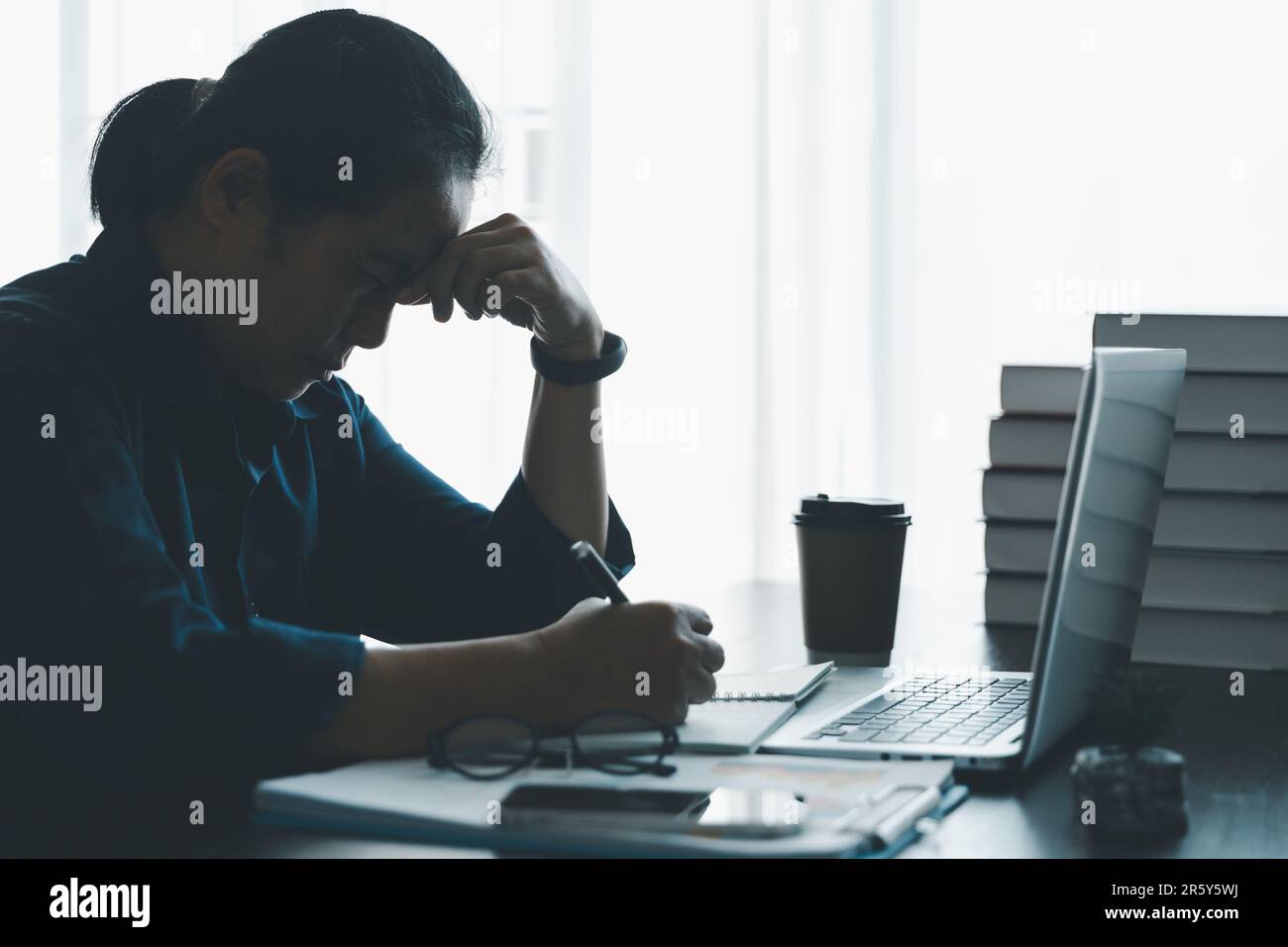 Stress business woman person from hard work, depression in office ...