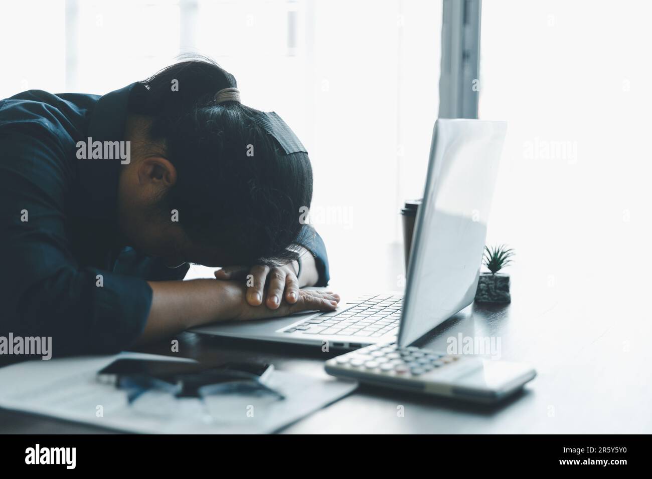 Stress business woman person from hard work, depression in office ...