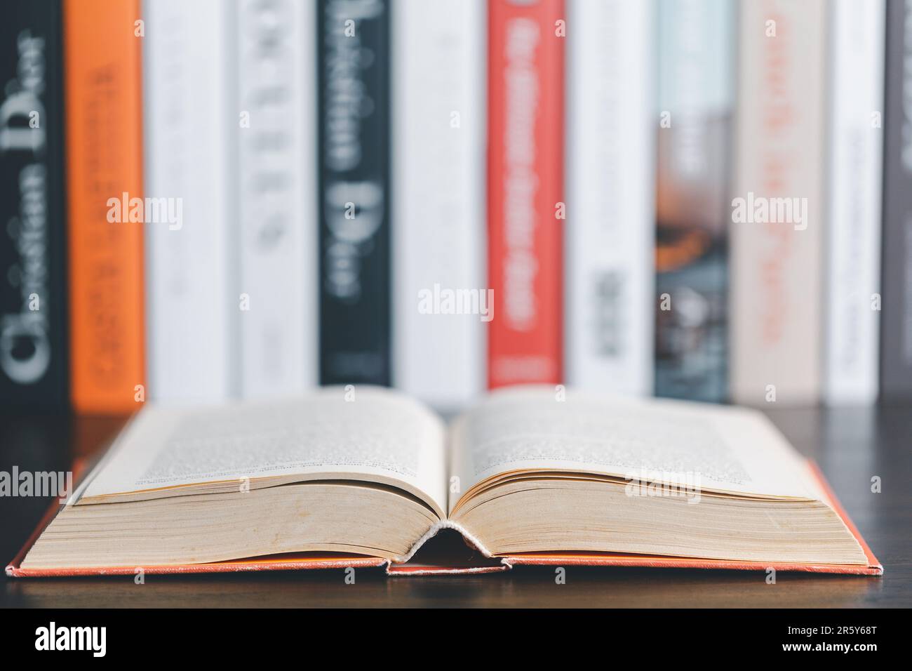 Book stack in the library room and blurred stack book for business and ...