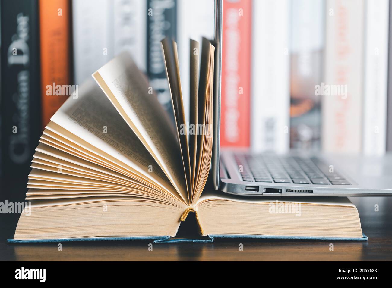 Book stack in the library room and blurred stack book for business and ...