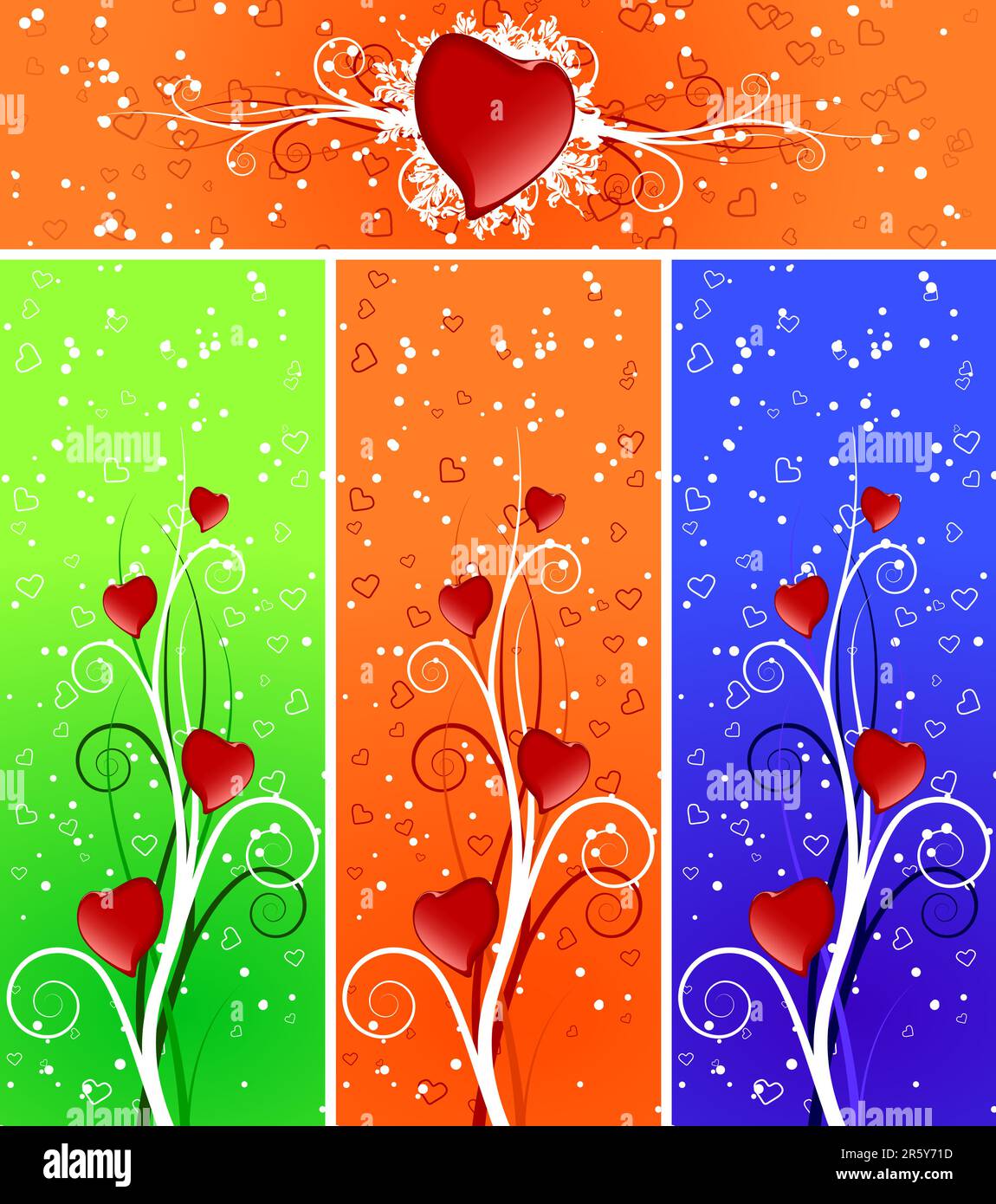 Color Saint Valentine's banners with snow scrolls and heart shapes ...