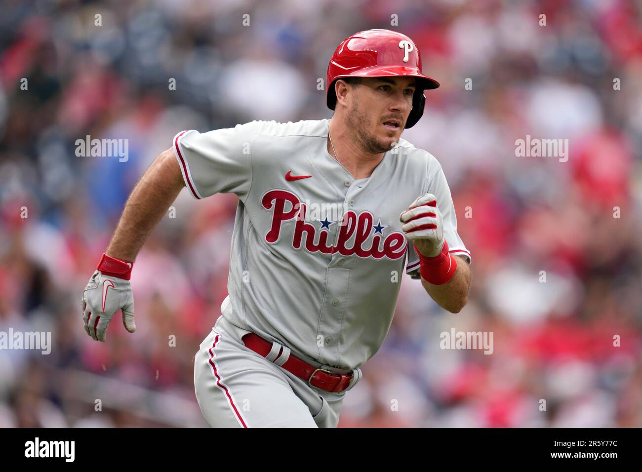 Philadelphia Phillies' J.T. Realmuto runs during an at-bat in a ...