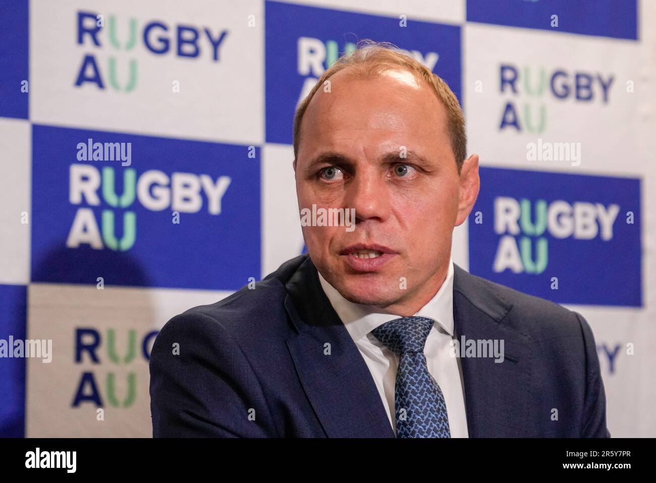 Rugby Australia's new Chief Executive Phil Waugh answers questions at a ...