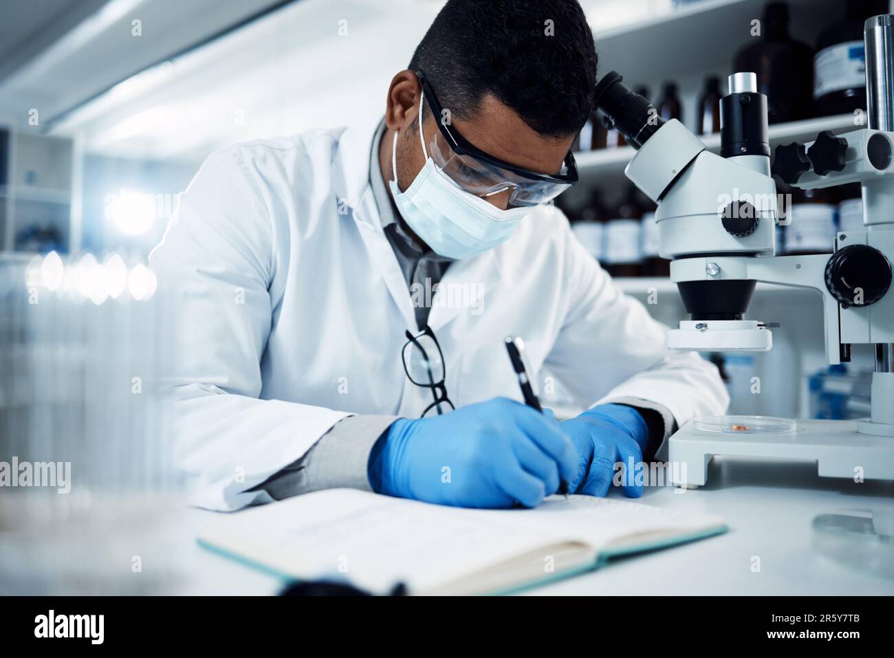 Man, scientist and writing for science research, discovery or ...