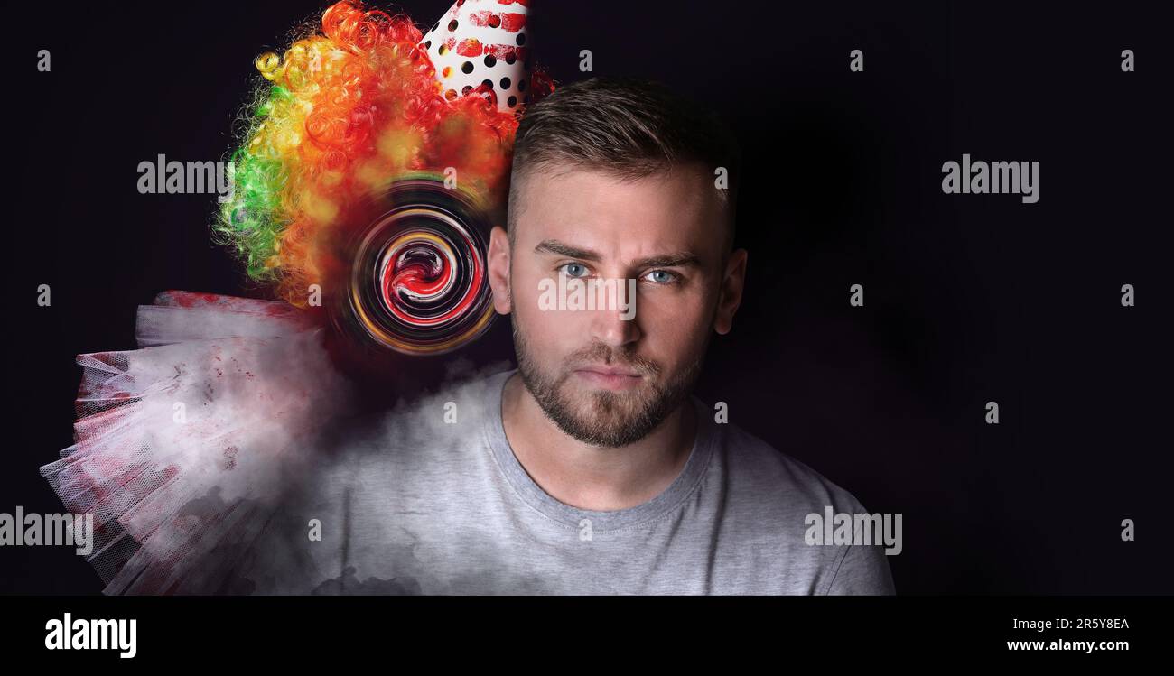 Suffering from hallucination. Distorted image of clown behind man on ...