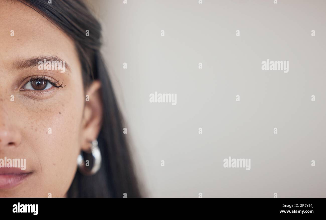 Split face, mockup and portrait of a woman with clean, glow and healthy ...