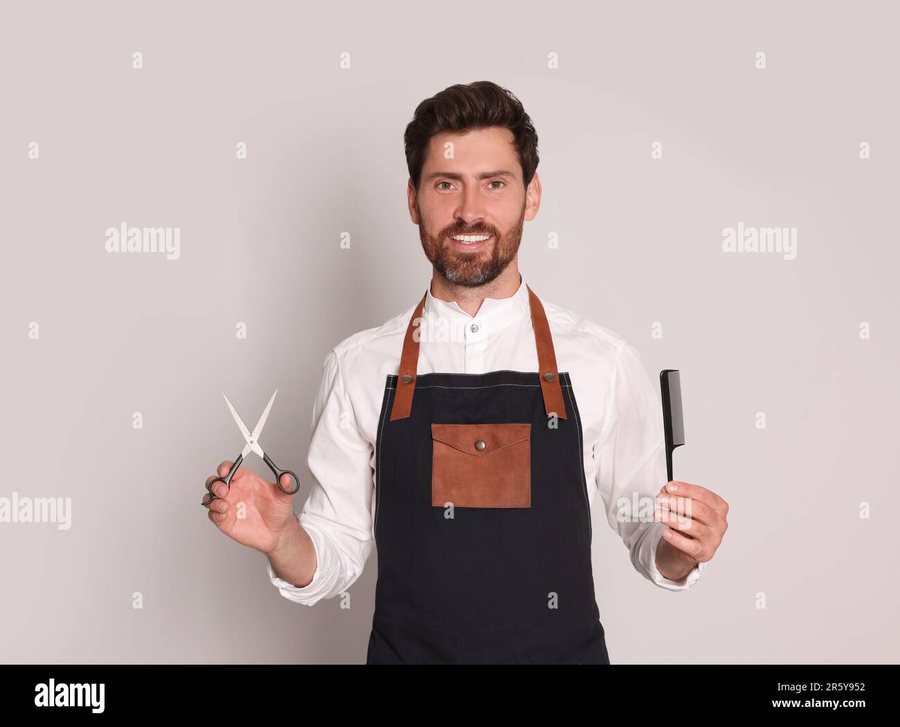 Smiling hairdresser in apron holding scissors and comb on light grey background Stock Photo - Alamy