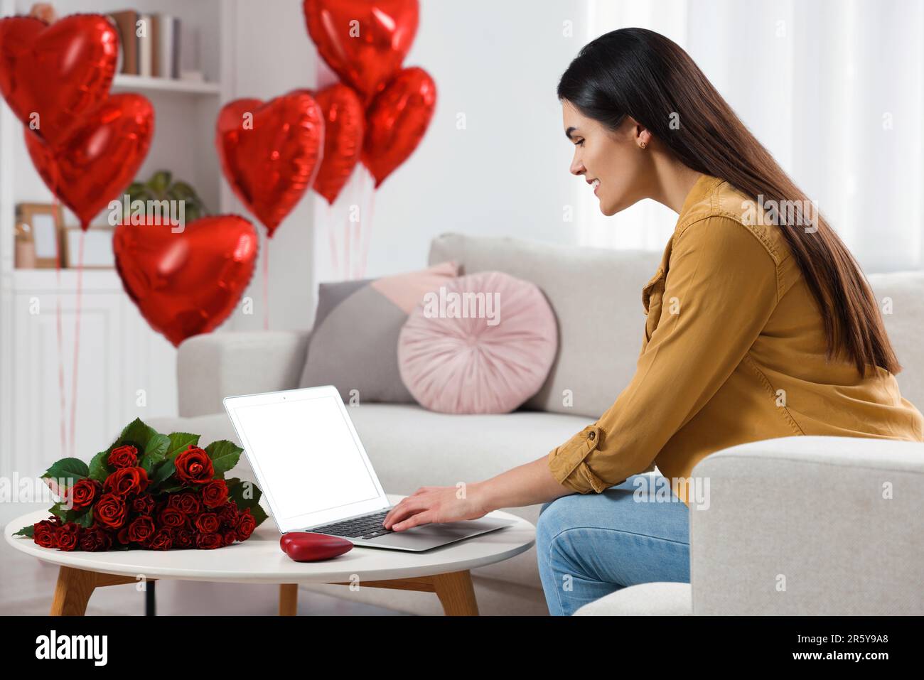 Valentine's day celebration in long distance relationship. Woman ...
