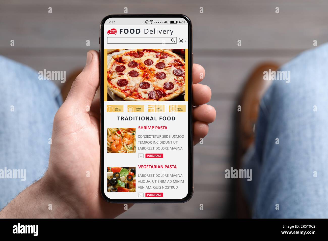 Food delivery service. Man choosing dish from menu on site using ...
