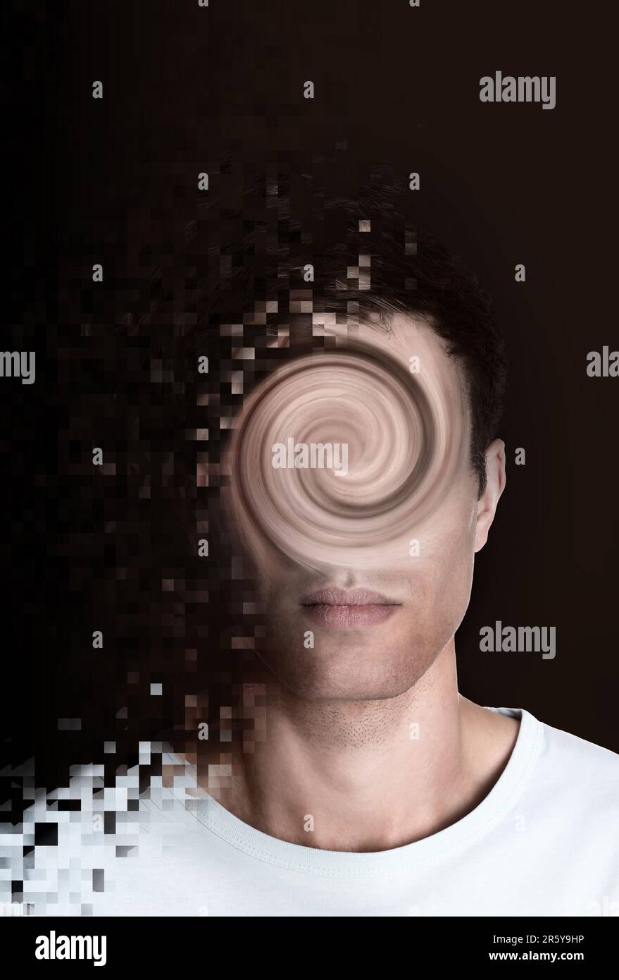 Suffering from hallucination. Distorted photo of man on dark background ...