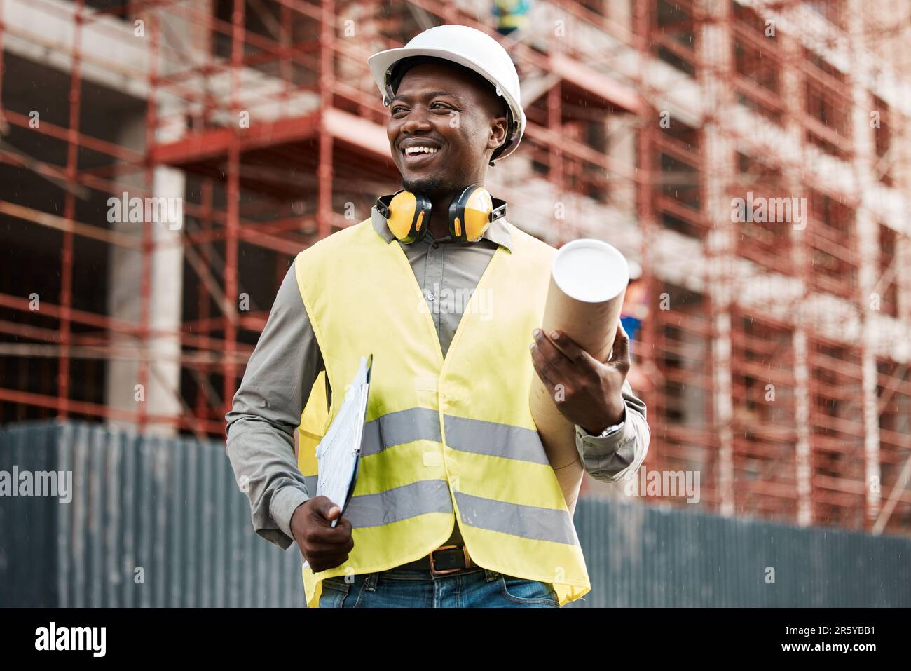Architect, black man and thinking outdoor at construction site building ...
