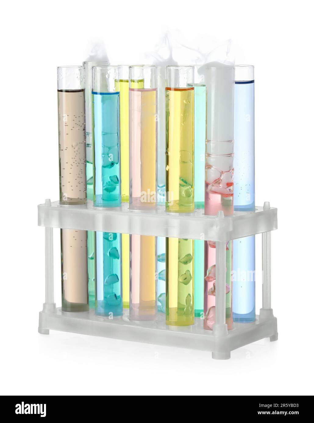 Test tubes with colorful liquids and steam isolated on white. Chemical ...