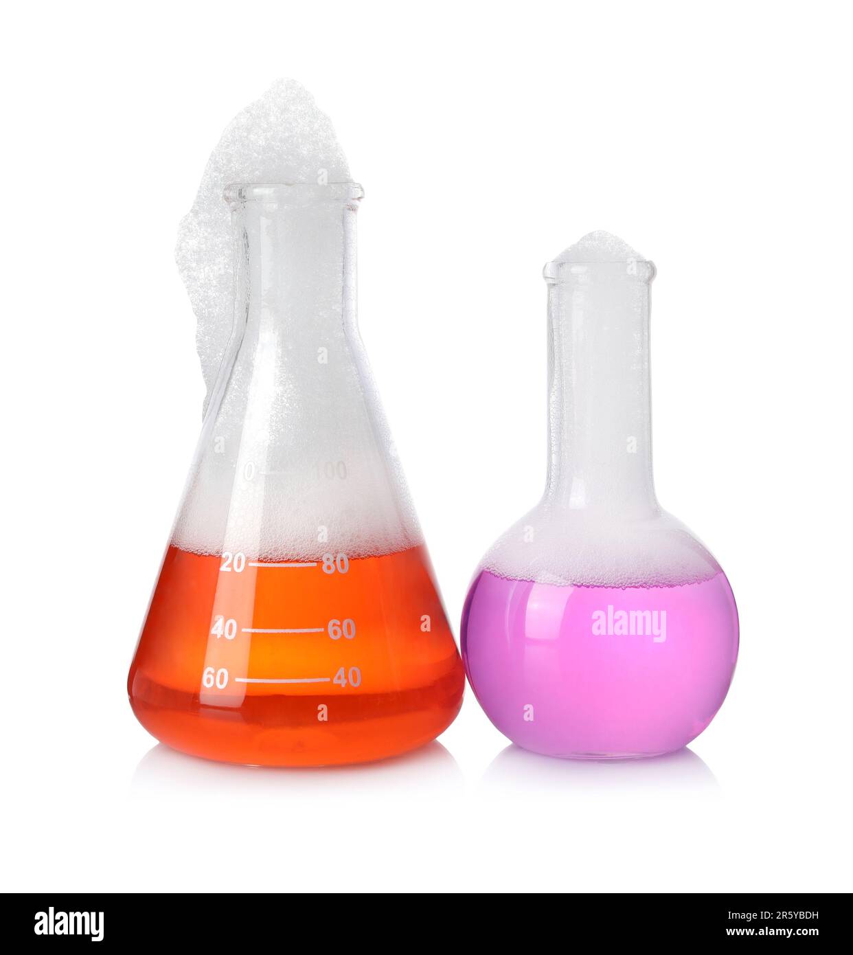 Laboratory flasks with colorful liquids isolated on white. Chemical ...